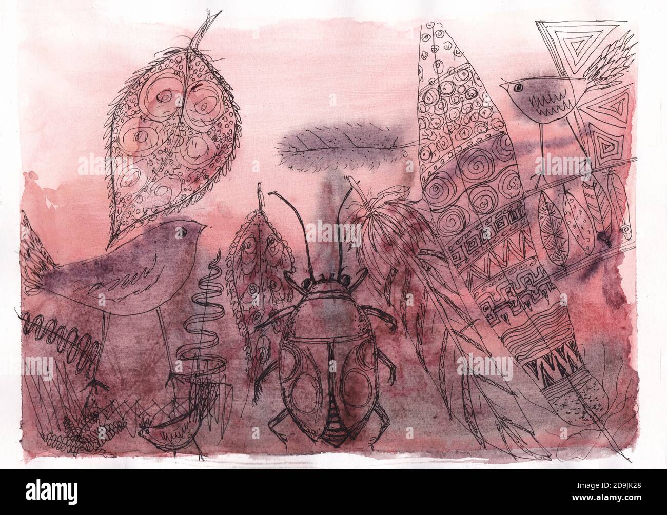 Insect beetle, plant leaf, bird. Abstract sketch illustration. Birds ...