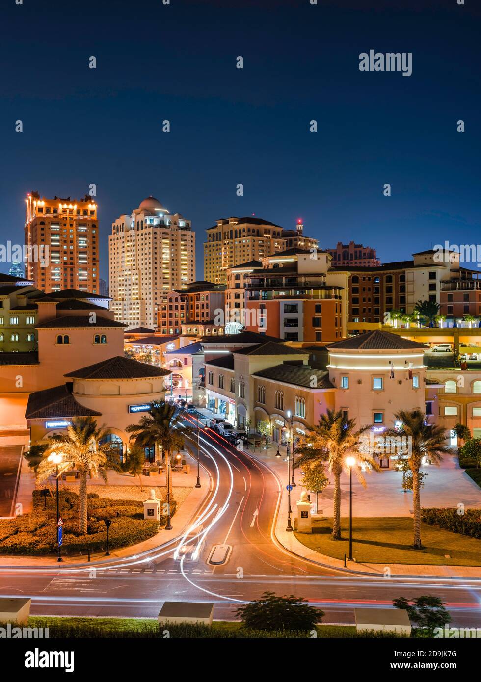 DOHA, QATAR - SEPTEMBER 27, 2019: The traffic light trails in the Pearl ...