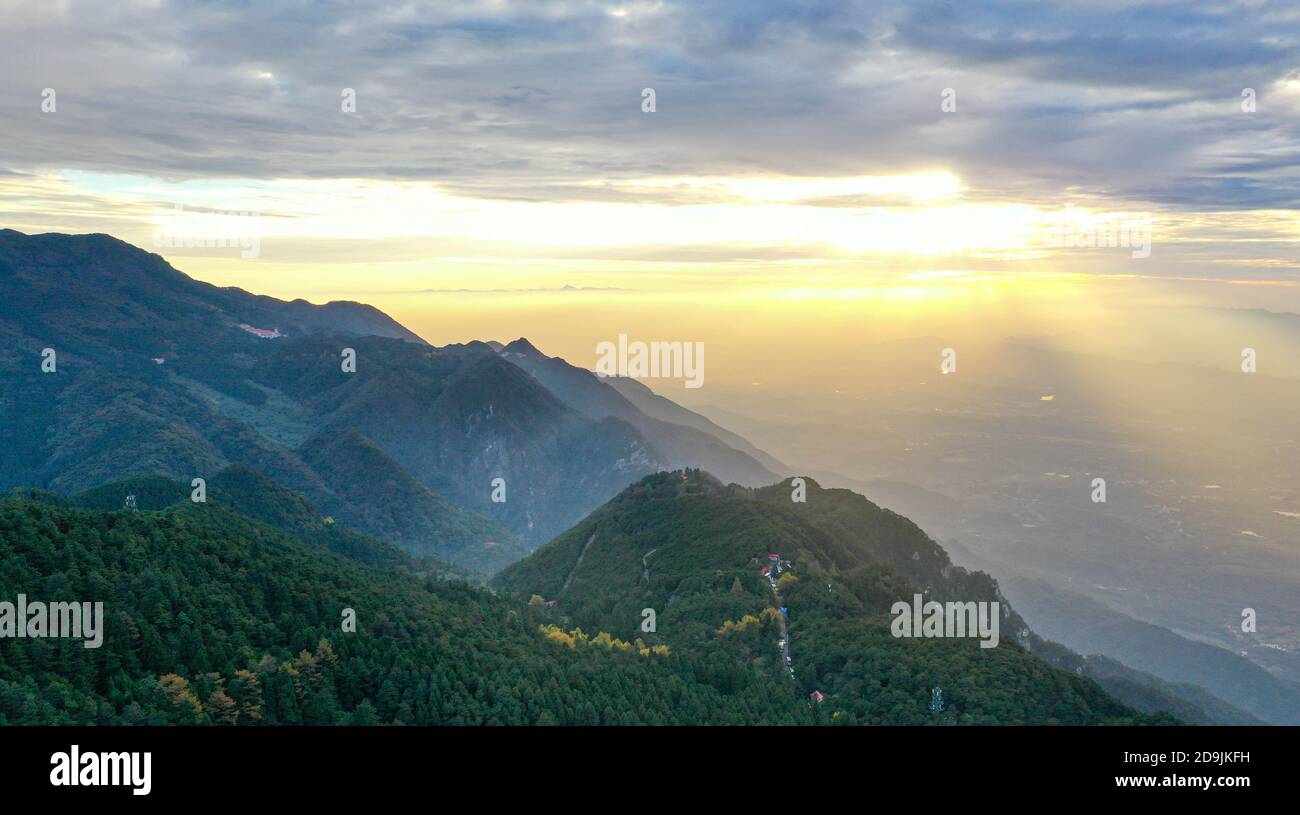 Aerial view of the beautiful autumn scenery in Lushan National Park ...