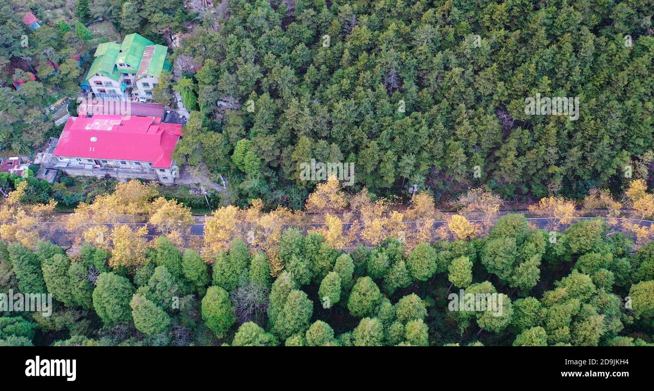 Aerial view of the beautiful autumn scenery in Lushan National Park ...