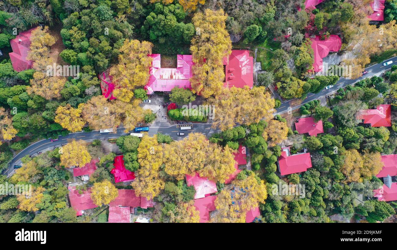 Aerial view of the beautiful autumn scenery in Lushan National Park ...