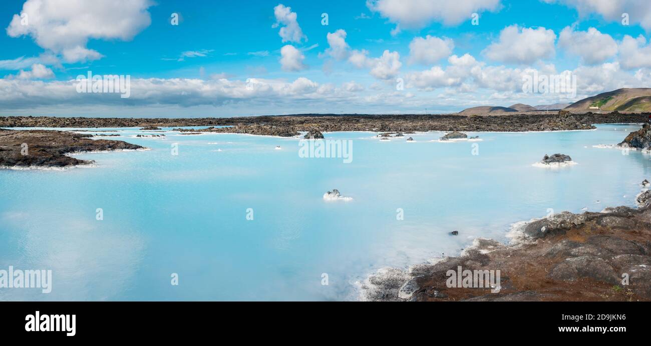Blue water of the famous Icelandic Blue Lagoon spa is produced by near ...