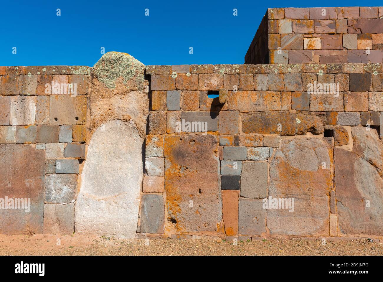 Stone wall surrounding Kalasaya Temple, archeological site Tiwanaku or ...