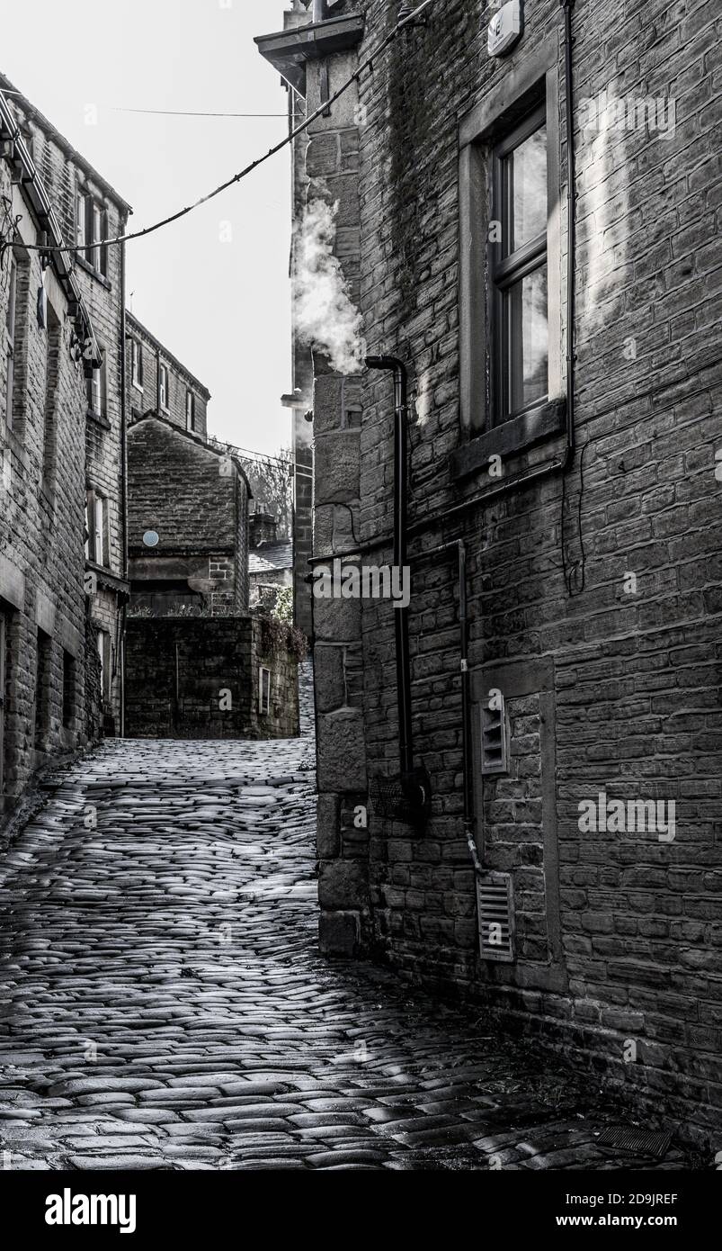 An atmospheric near monochrome image of daisy Lane Holmfirth showing ...