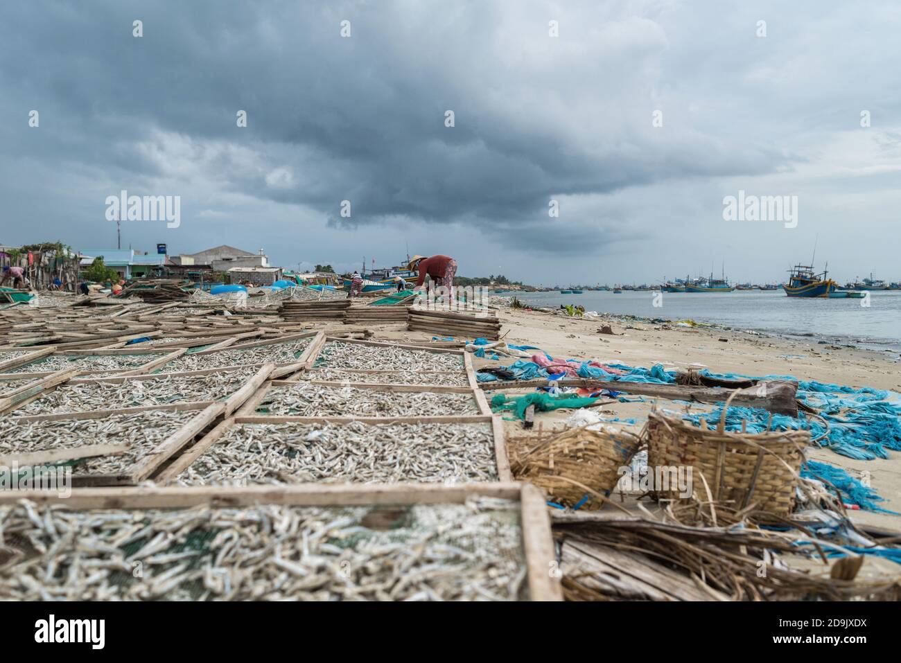 Mui ne fishemans village. Traditional Vietnamese boat in the basket ...