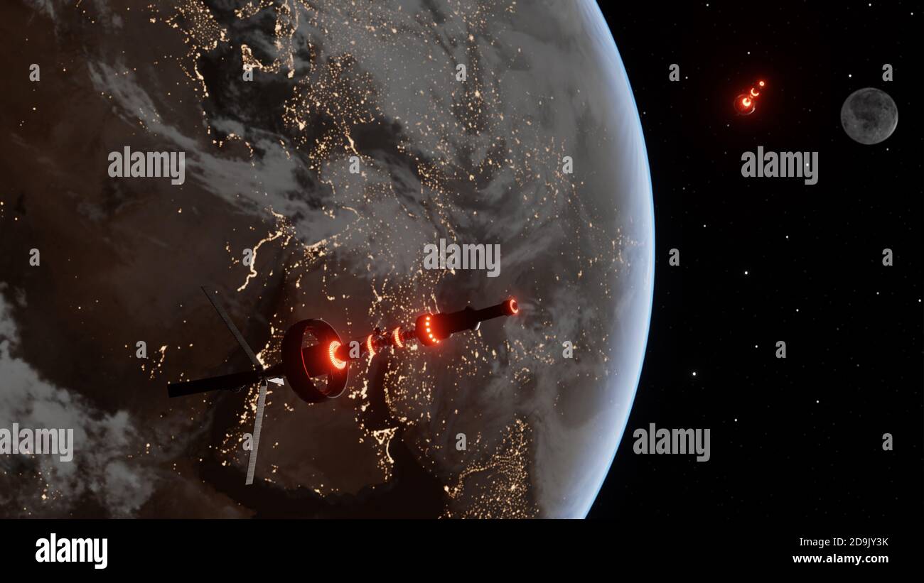 Spaceship passing by the planets in the atmosphere during the night ...