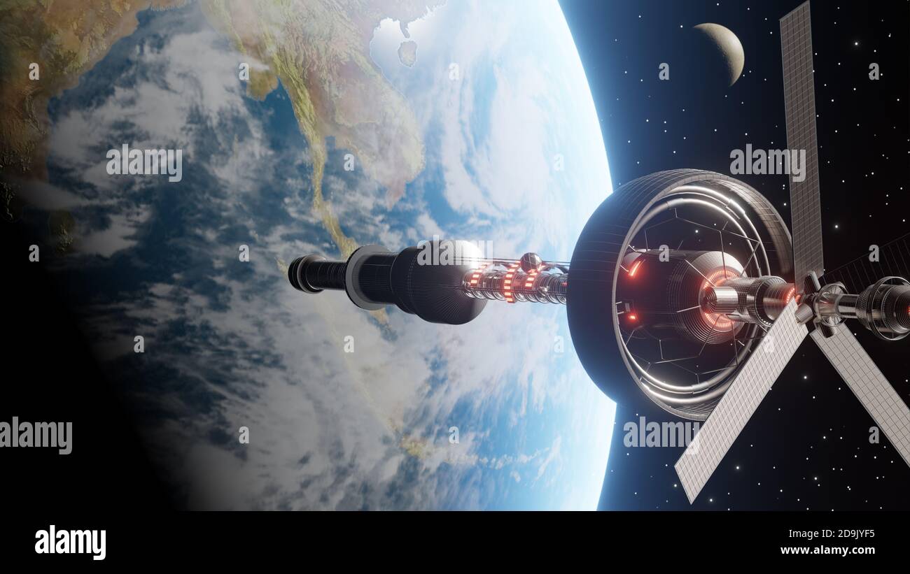 International scientific space station orbiting around planet earth ...