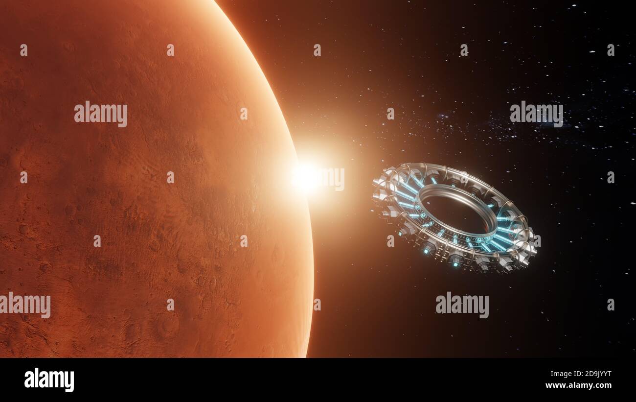 View of earth and a ship approaching Mars. Detailed and realistic 3d ...