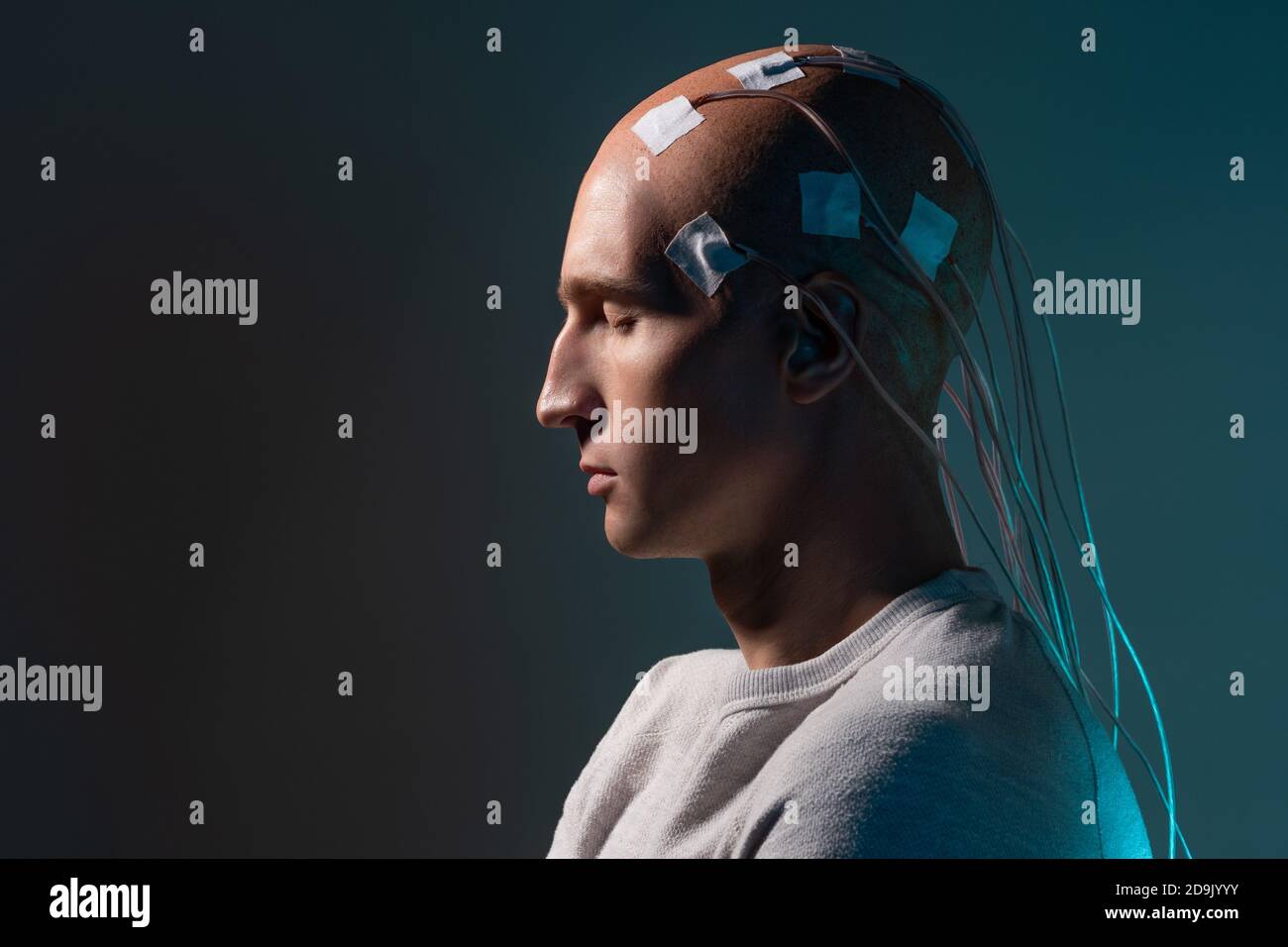 Neurointerface, brain - computer communication. Cyber punk concept of a ...