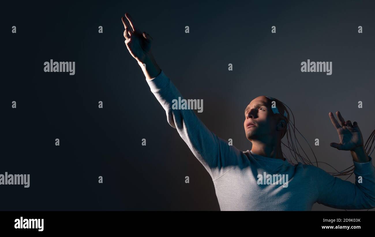 Bald man with electrodes in his brain , futuristic concept, cyber punk ...