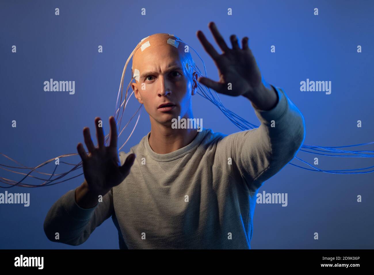 Bald man with electrodes in his brain , futuristic concept, cyber punk ...