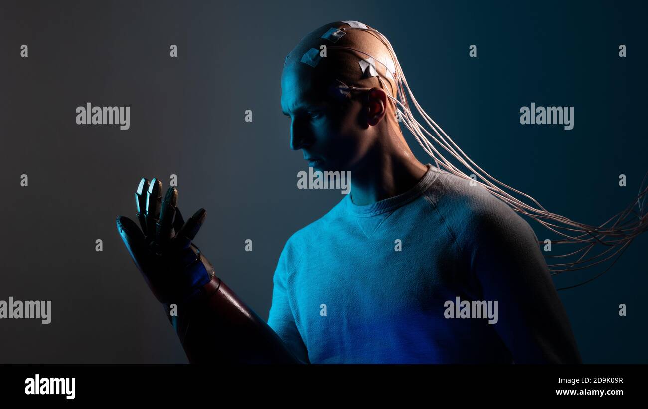 Bald man with electrodes in his brain, a man of the future with ...