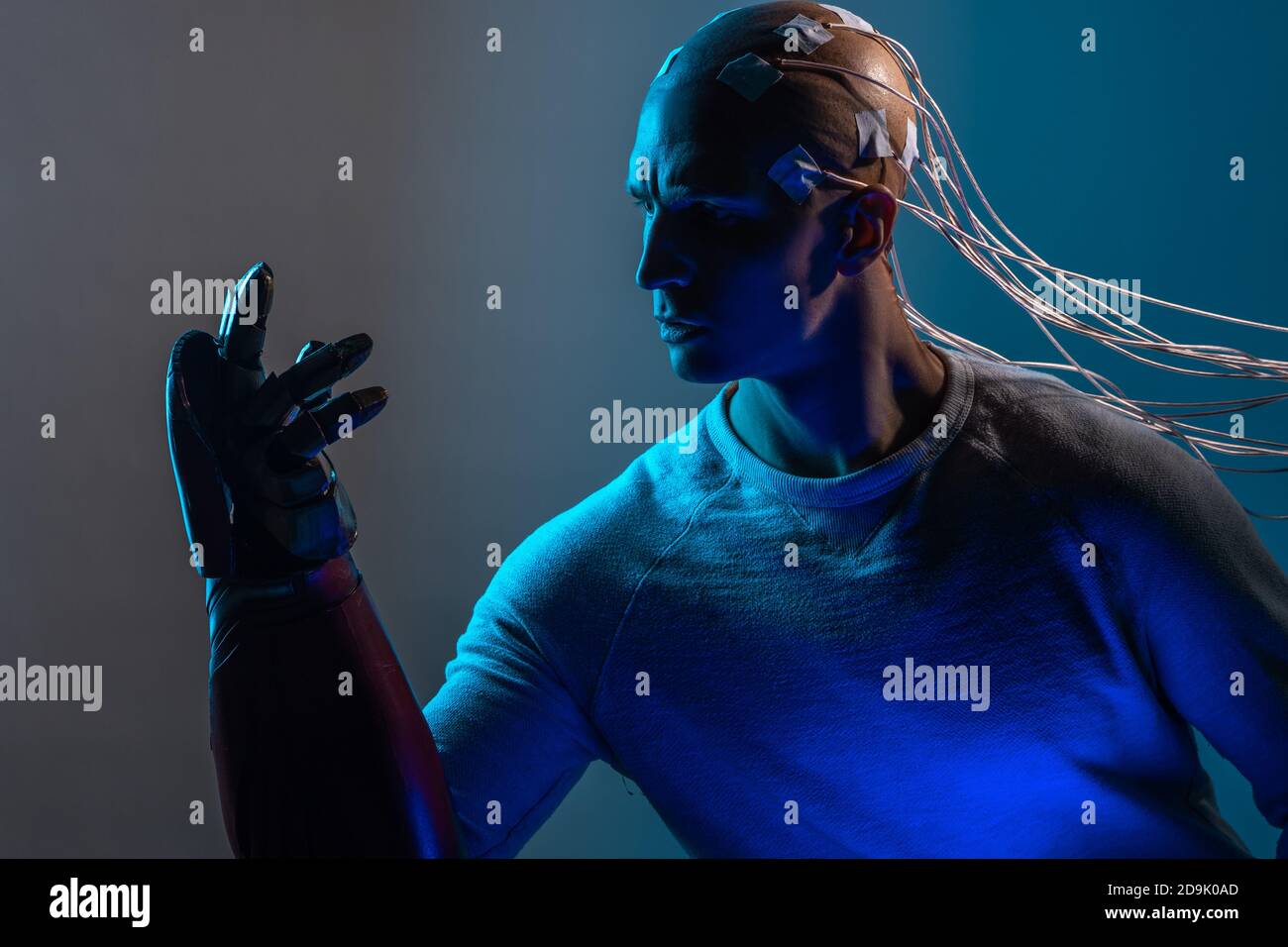 Bald man with electrodes in his brain, a man of the future with ...