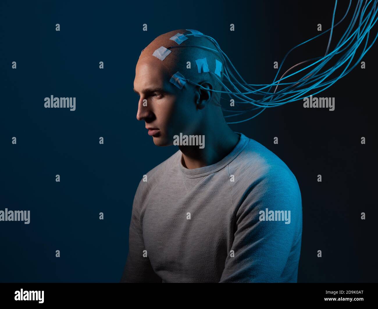 Man with electrodes in his head is a futuristic concept of virtual ...