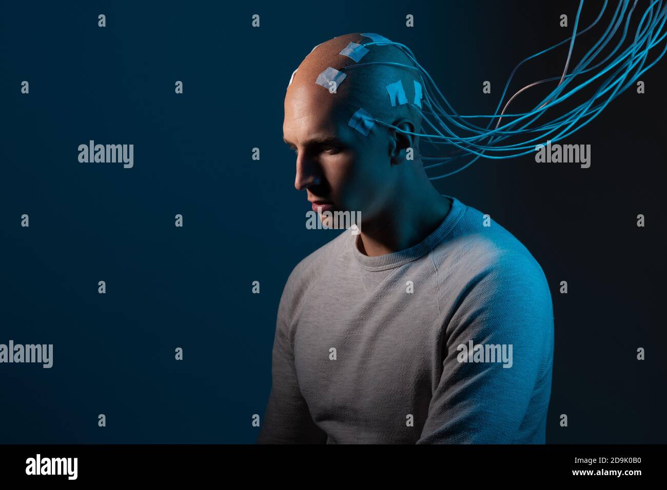Man with electrodes in his head is a futuristic concept of virtual ...