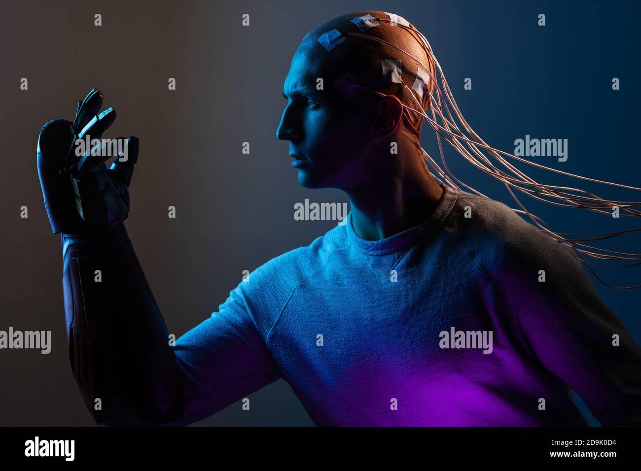Bald man with electrodes in his brain, a man of the future with ...