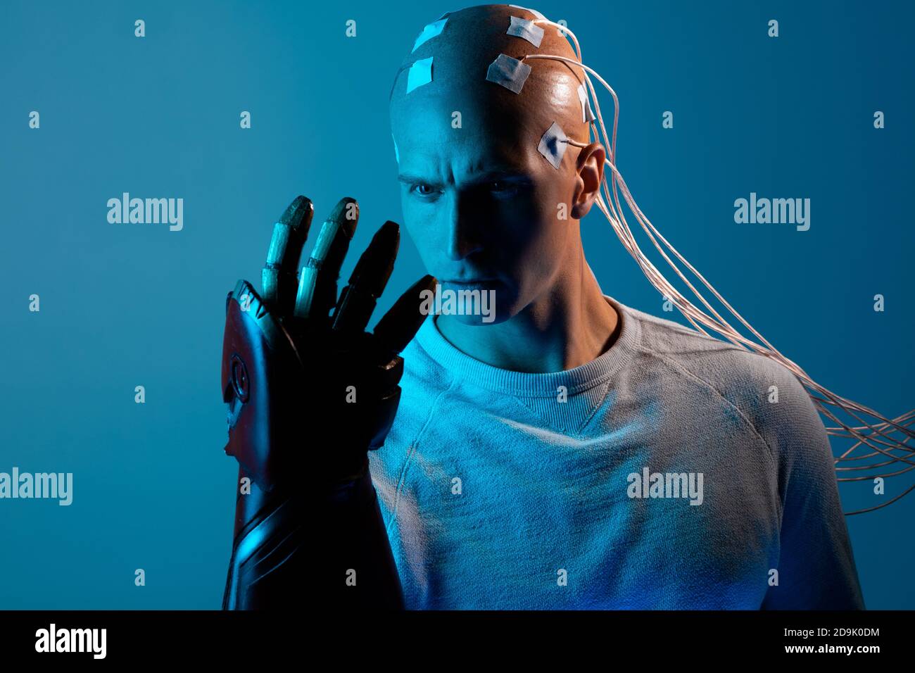 Bald man with electrodes in his brain, a man of the future with ...