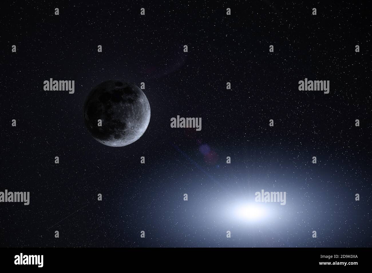 Moon and Sun on the starry sky Stock Photo - Alamy