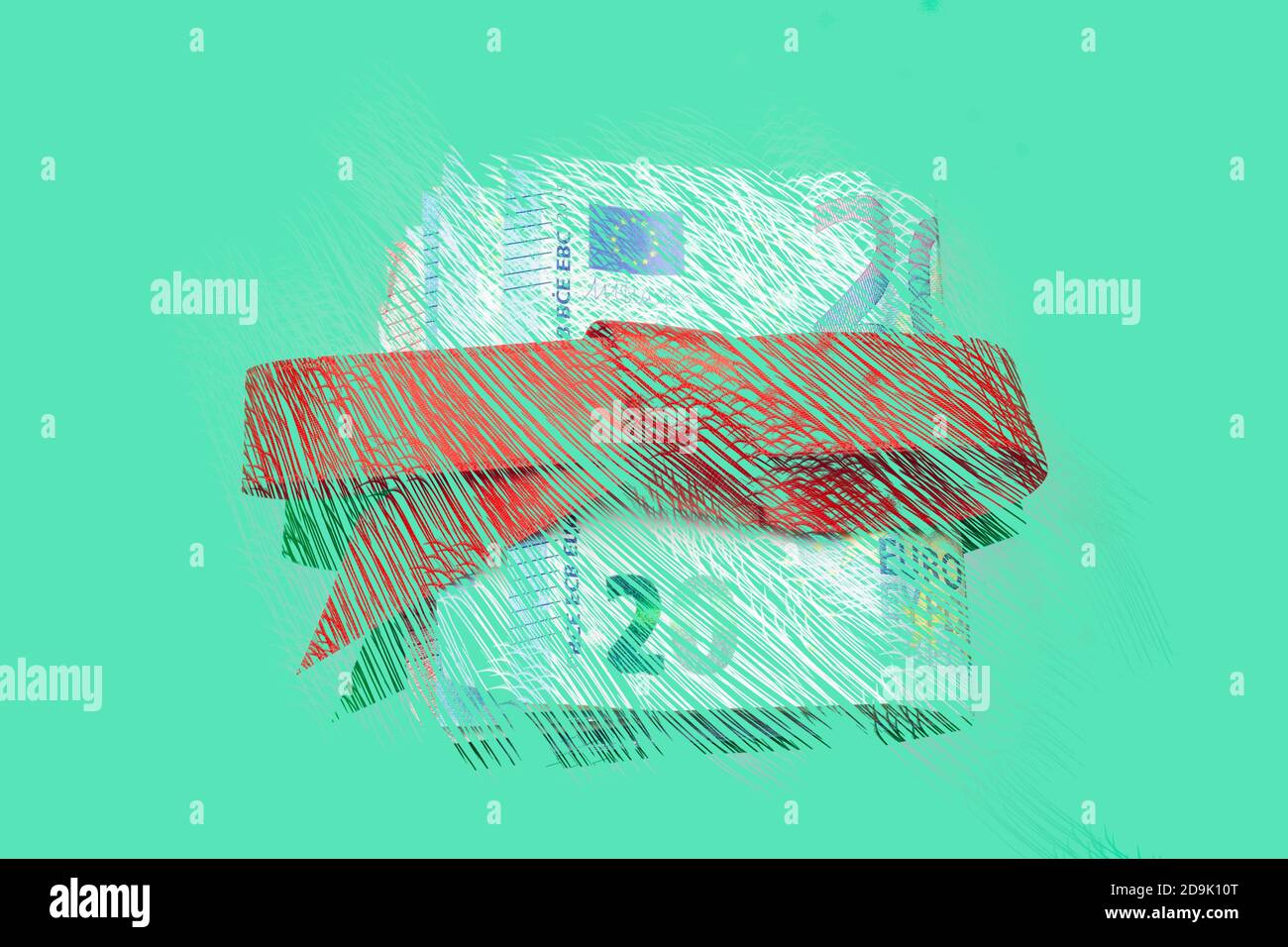 Euro notes and coins decorated with gift bows; give away money at ...