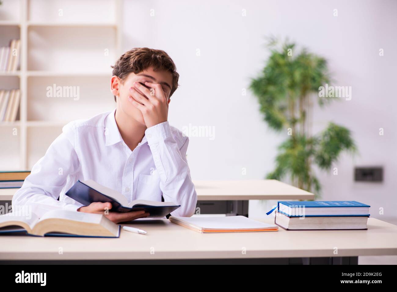 Schoolboy preparing for exam in the classroom Stock Photo - Alamy