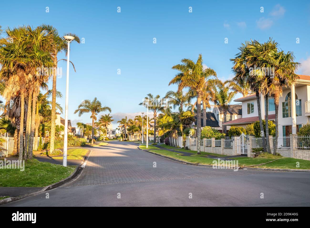 Sunny scenery of a district street with lots of beautiful houses and ...