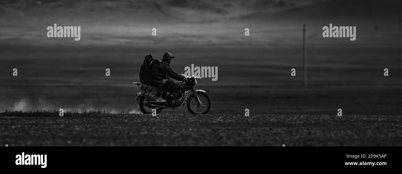On a motorcycle in the Gobi desert. Dust from under the wheels. Wild ...
