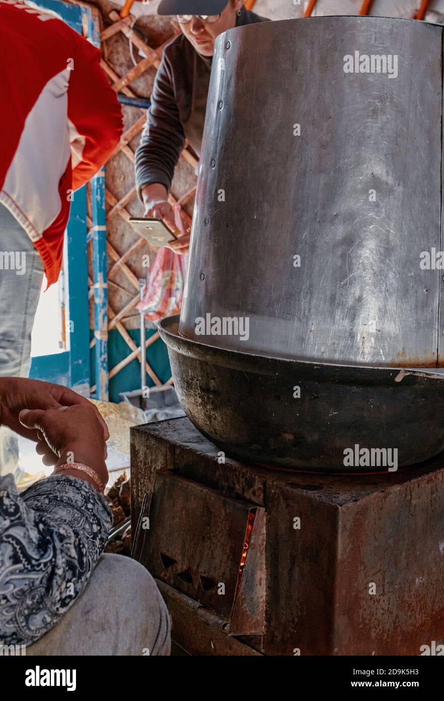 Life of the Mongolian Yurt. Interior of the nomad's house. The man ...