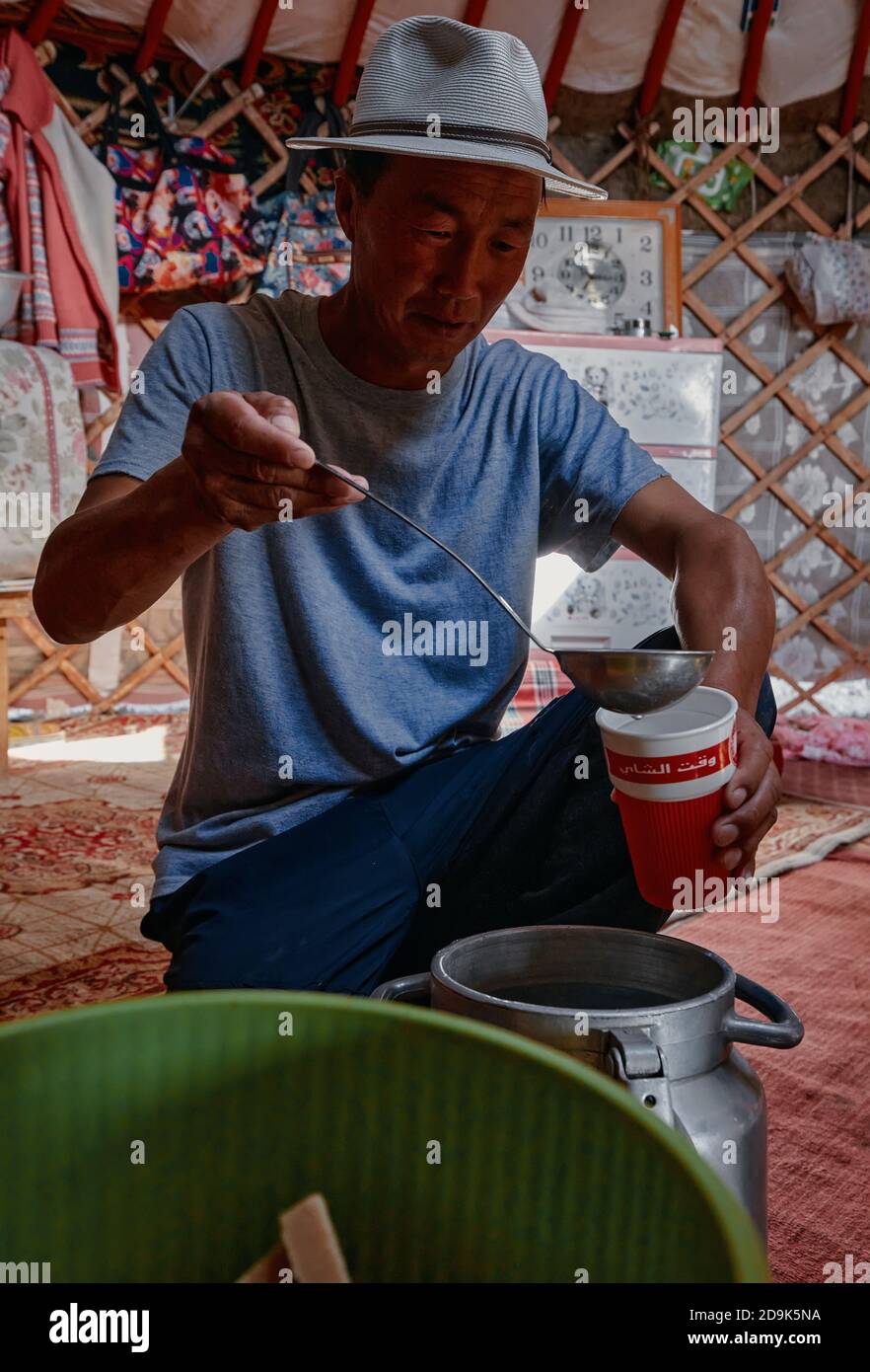 Life of the Mongolian Yurt. Interior of the nomad's house. The man ...