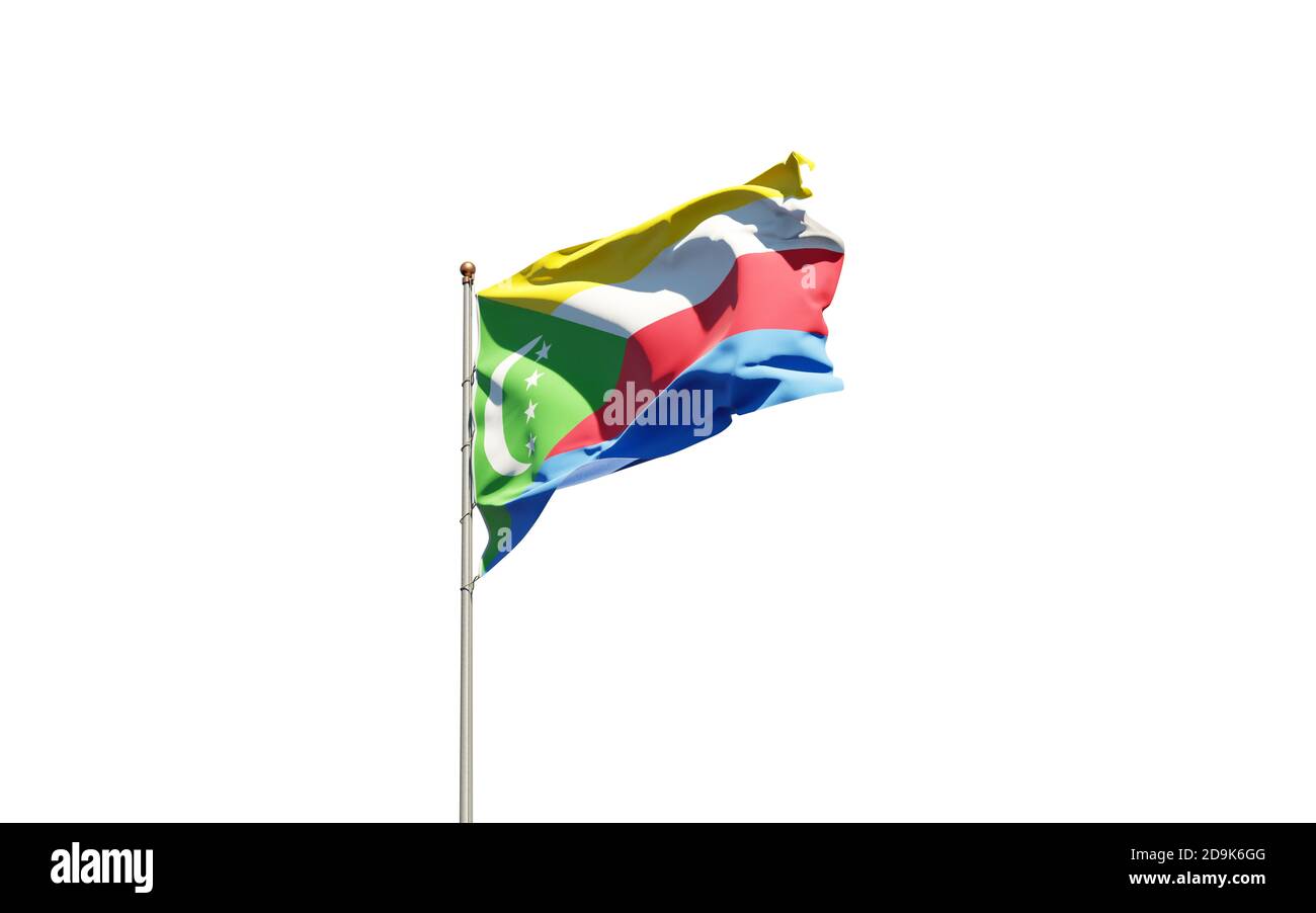 Beautiful national state flag of Comoros on white background. Isolated ...