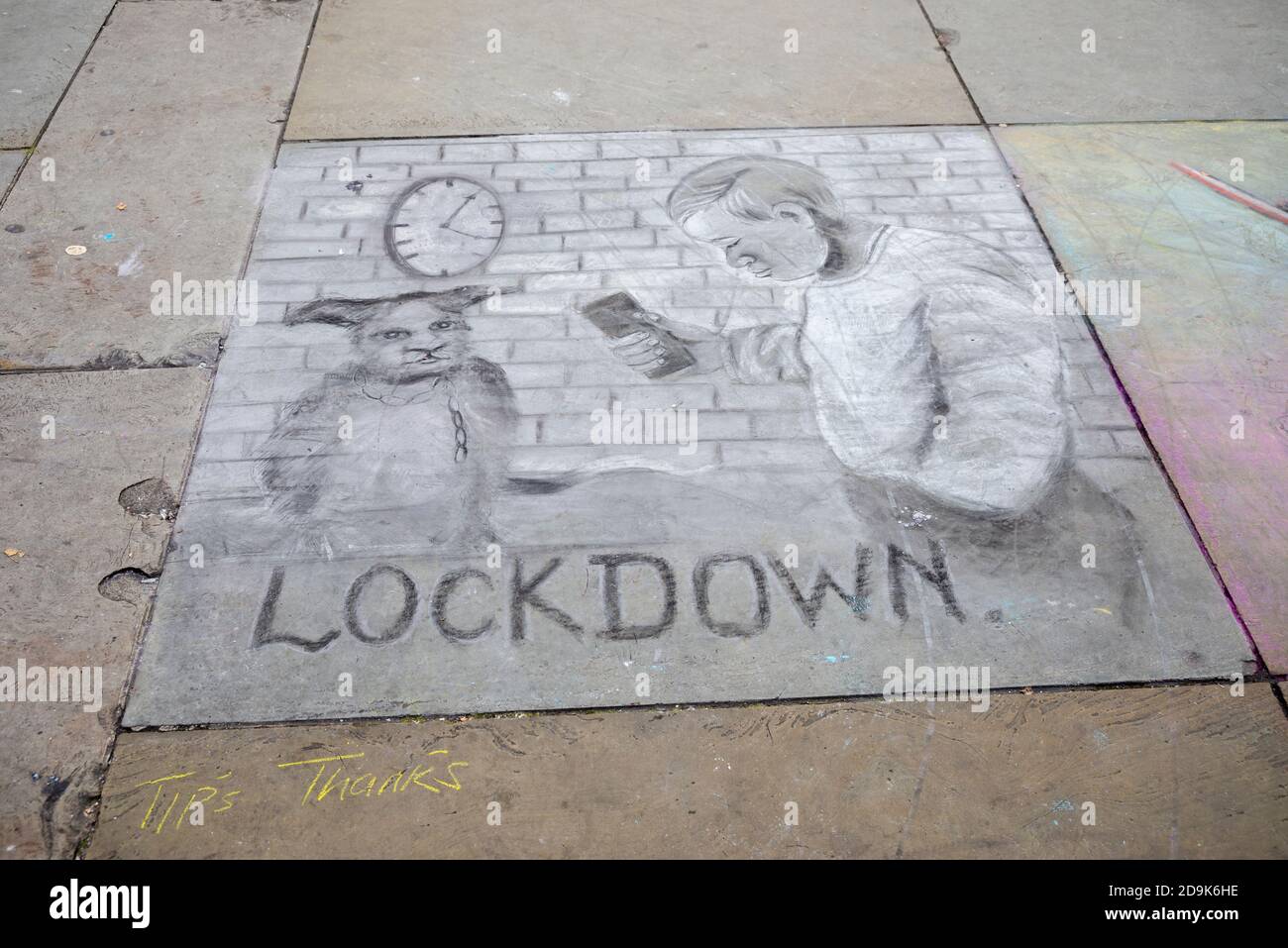 Chalked COVID 19 lockdown pavement artwork in London, UK Stock Photo ...
