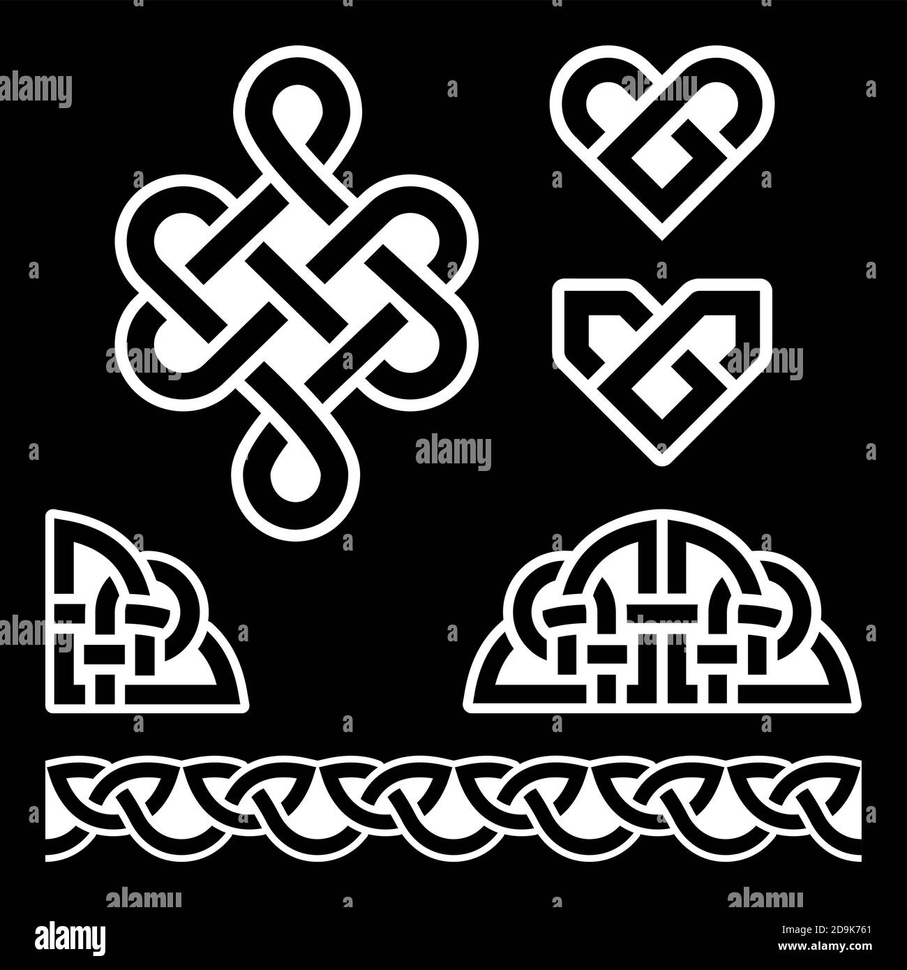 Irish Celtic braids and knots vector pattern set, Celtic hearts ...