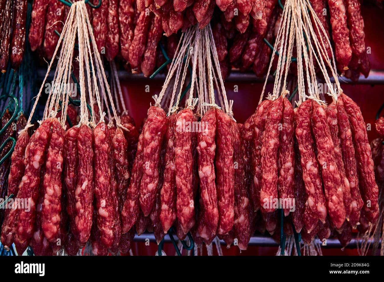 Street trade in Chinatown. Smoked Chinese red sausages Stock Photo - Alamy