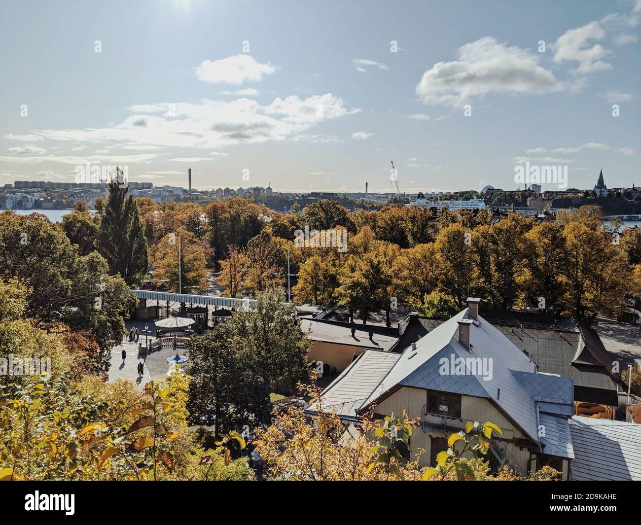 View over autumnal Stockholm from the Skansen open air museum, Sweden ...