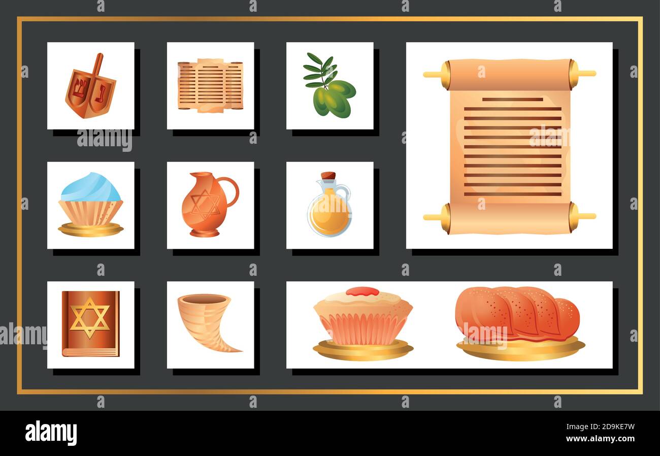 hanukkah, judaism ritual traditonal set icons flat vector illustration ...