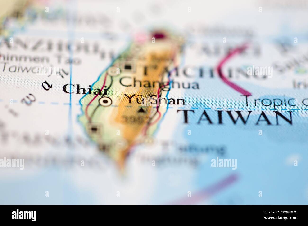 Shallow depth of field focus on geographical map location of Mount Yu ...