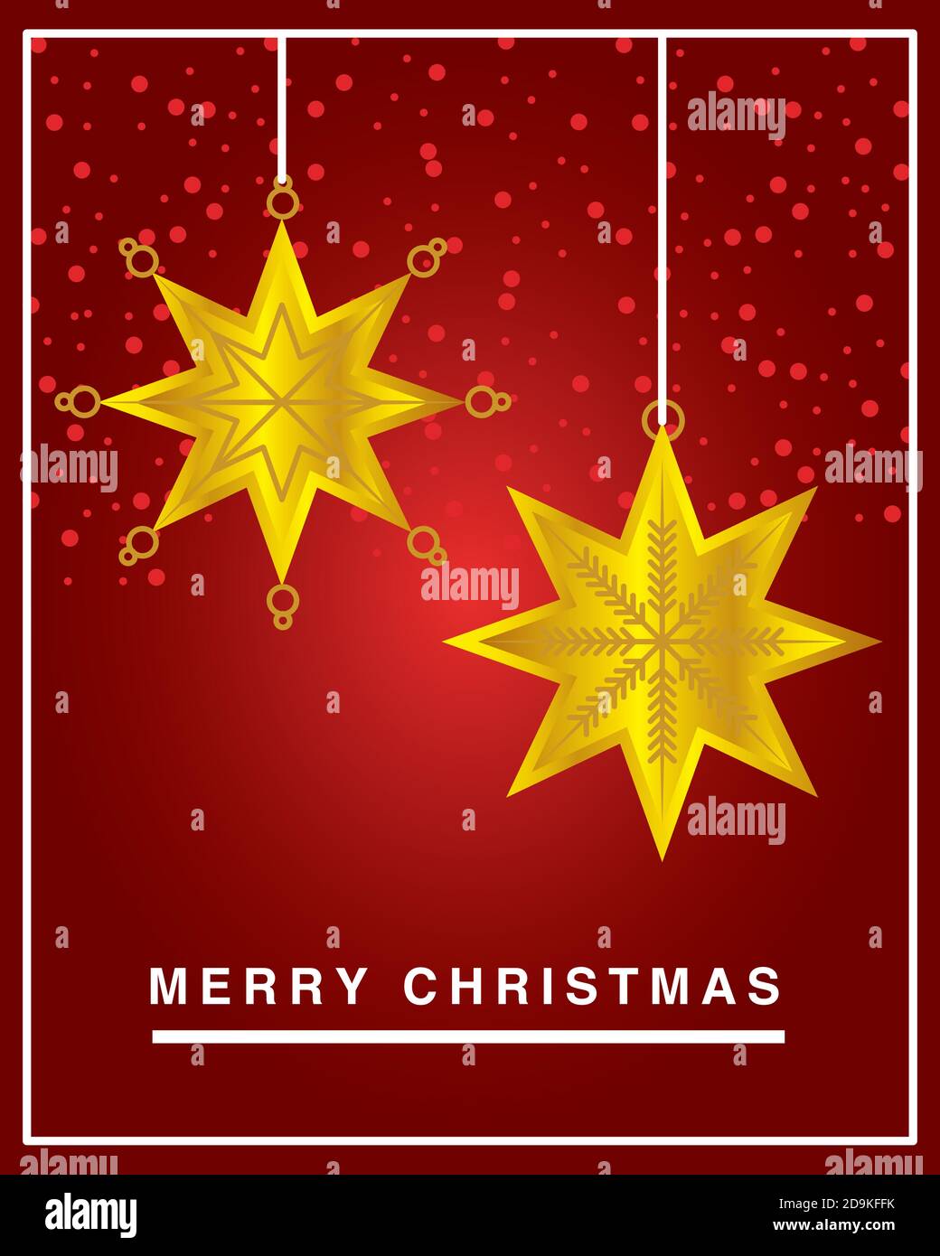merry christmas, hanging golden stars on red dots background vector ...