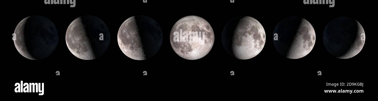 Phases of the Moon. Satellite of the planet earth in different lighting ...