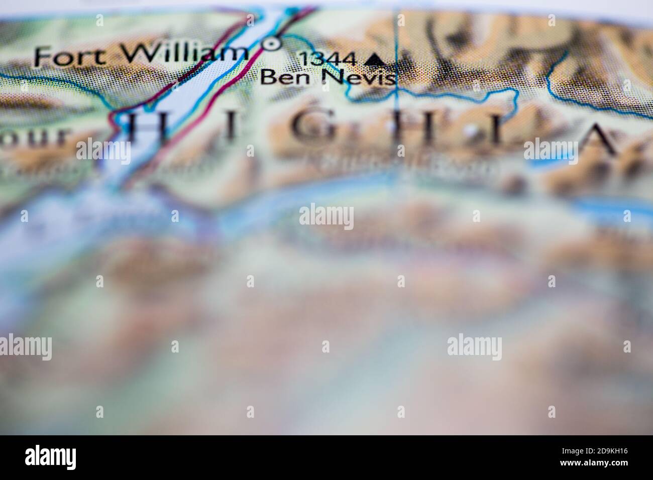 Shallow depth of field focus on geographical map location of Mount Ben ...