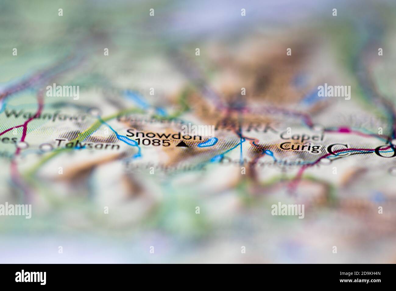 Shallow depth of field focus on geographical map location of Mount ...