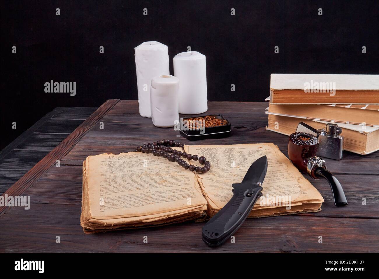 Still life composition of vintage table items Stock Photo - Alamy