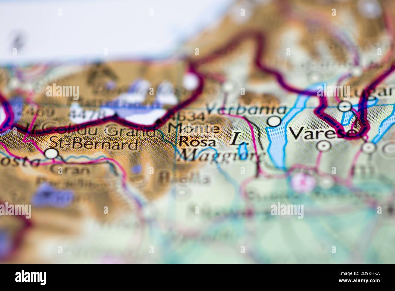Shallow depth of field focus on geographical map location of Mount Rosa ...