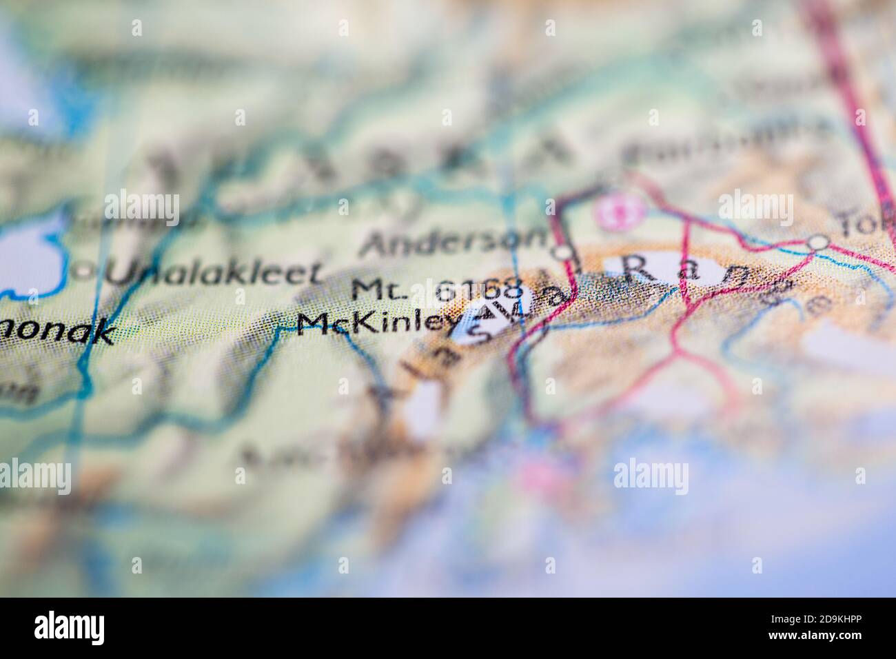 Shallow depth of field focus on geographical map location of Mount ...
