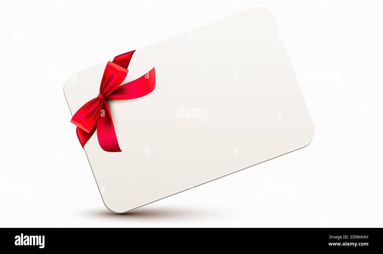 White card with wrapped diagonal red ribbon. Rectangular format with ...