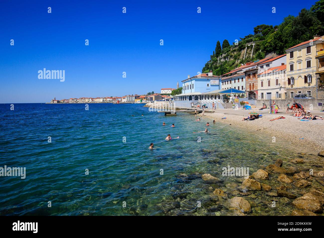 Piran, Istria, Slovenia - Beach life on the city beach Fornace in the ...