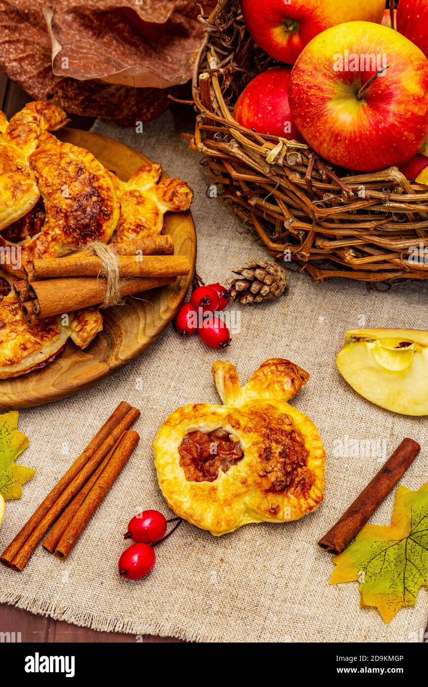 Homemade delicious apple dessert. Fresh sweet bakery, portioned puffs ...