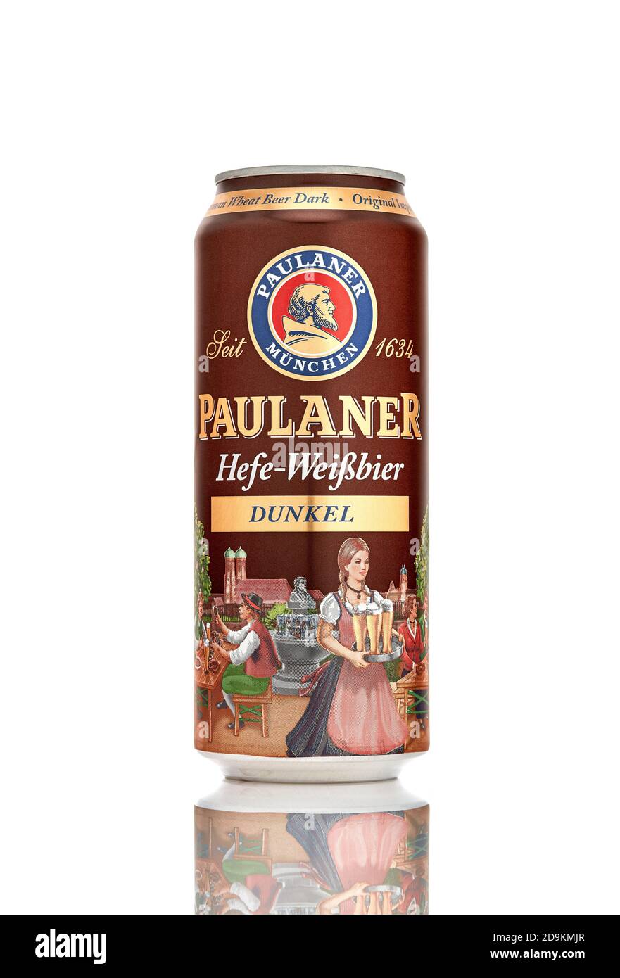 Can of beer Paulaner Hefe Weissbier Dunkel on a white background ...