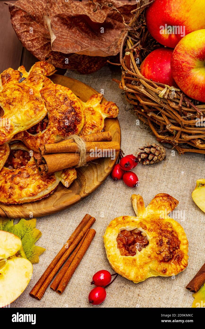 Homemade delicious apple dessert. Fresh sweet bakery, portioned puffs ...