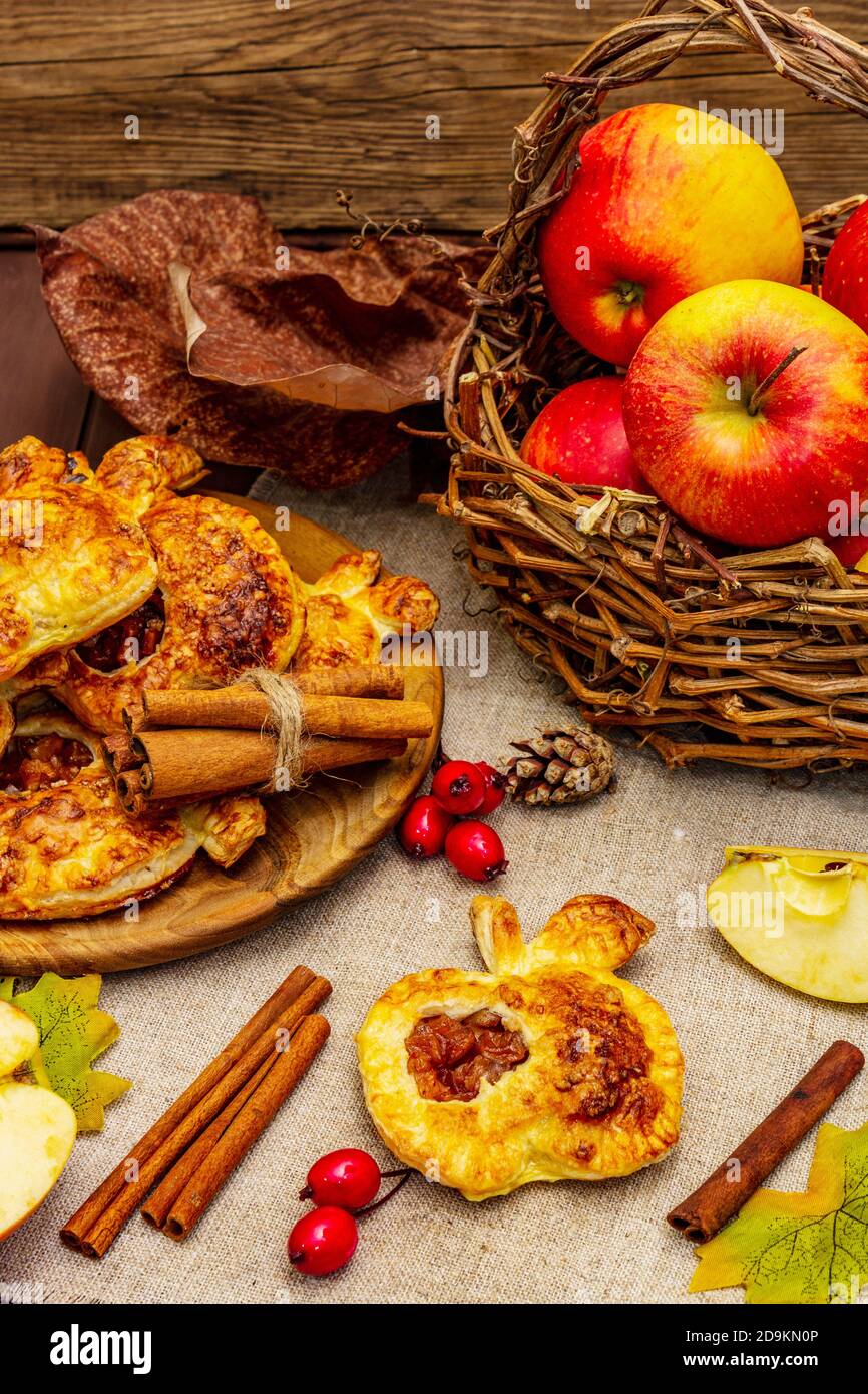 Homemade delicious apple dessert. Fresh sweet bakery, portioned puffs ...