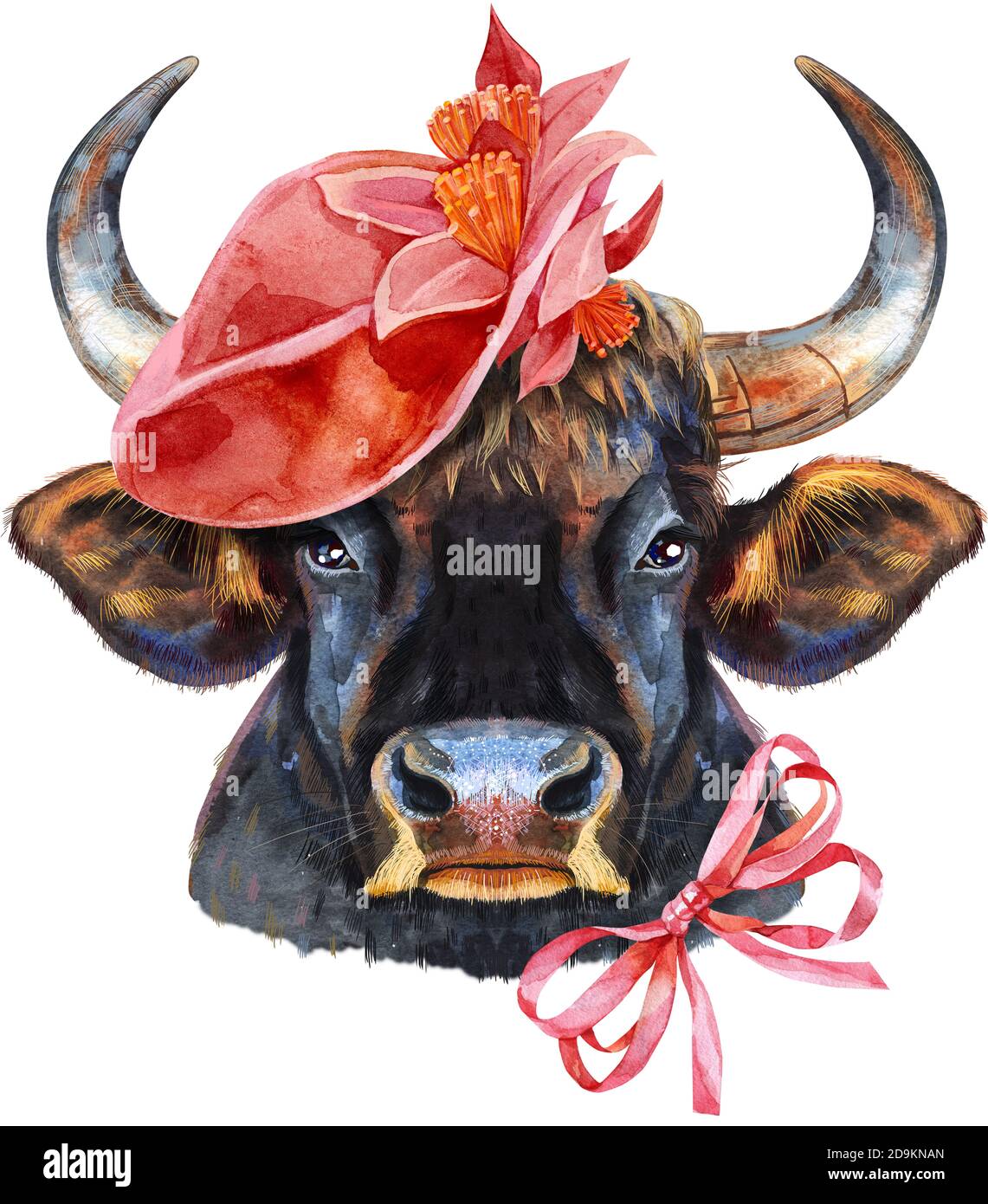 Watercolor illustration of black powerful bull in red hat and bow Stock ...