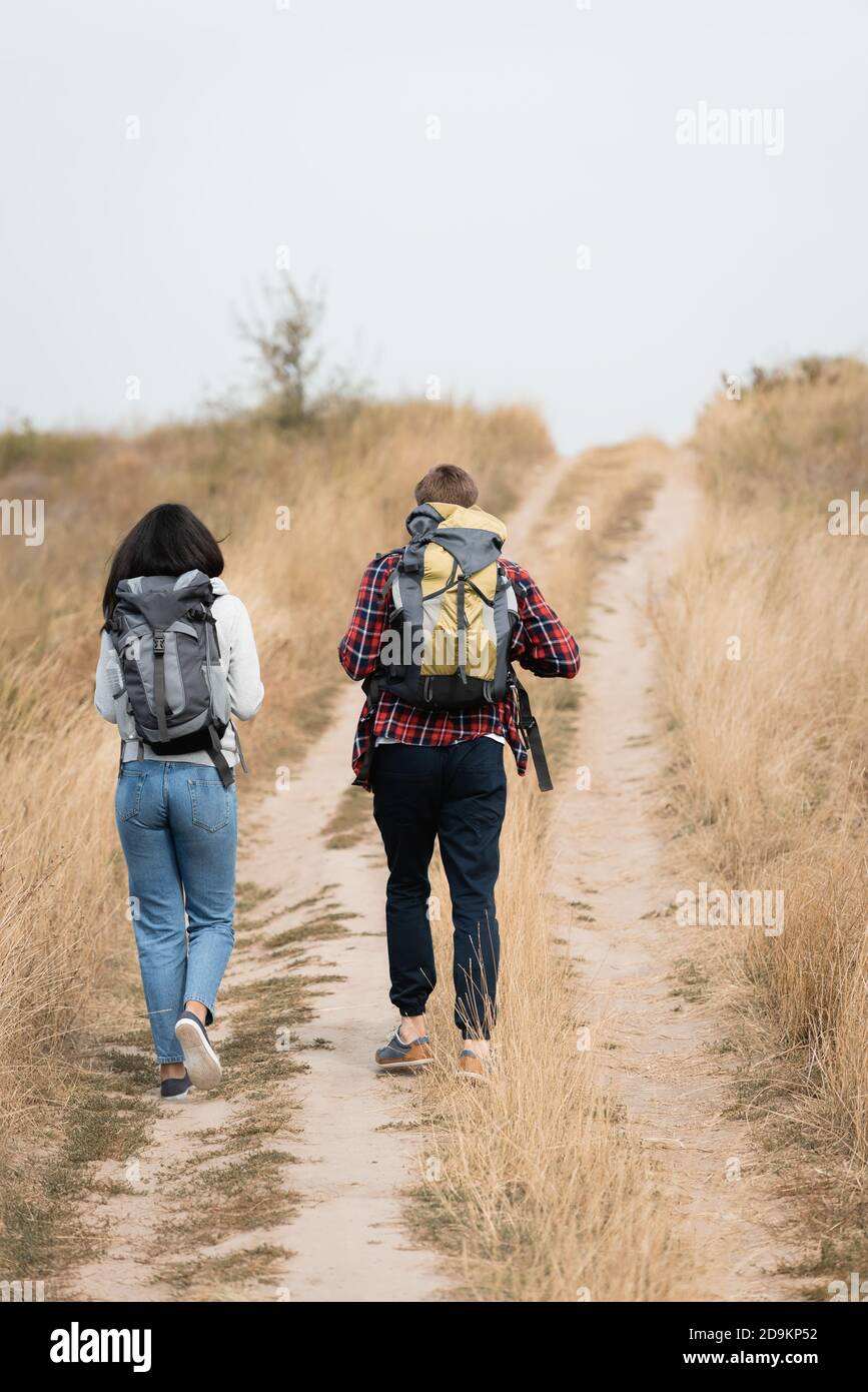Back view of hikers with backpack walking on path during trip Stock ...